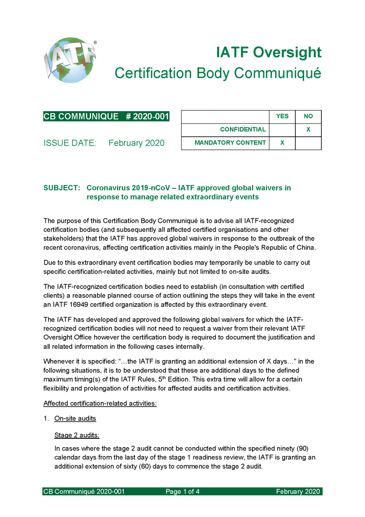 Coronavirus 2019-nCoV – IATF approved global waivers : 네이버 블로그