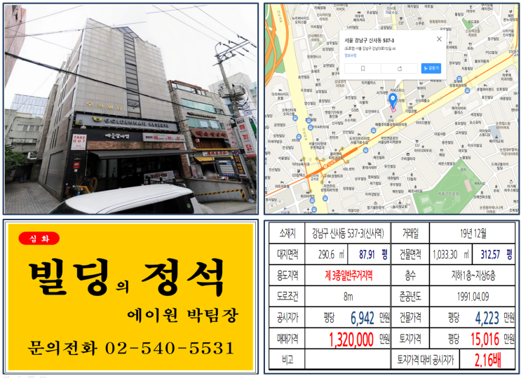 강남구 가로수길 임대수익용 빌딩 실거래가 조회 신사동 537 3 신사역 132억 원 평당 15016만 원 신사역