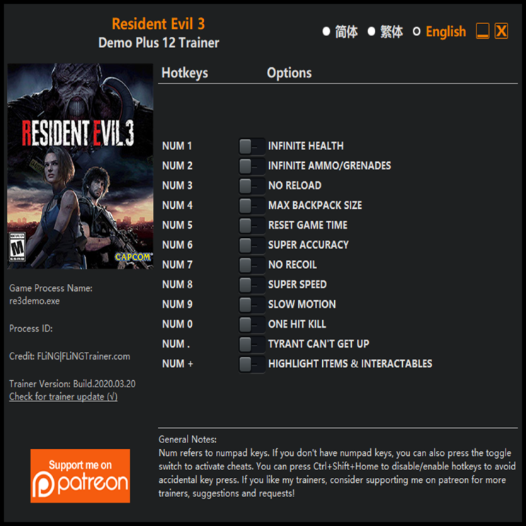 200321-바이오 하자드 RE 3 데모 트레이너 (Resident Evil RE 3 Demo Trainer +12)3DM ...
