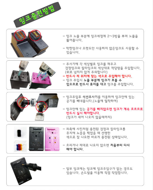 잉크 문제 해결방법 잉크가 흐릿하고 잘 안나올때 카트리지에 잉크가 채워지지 않을때 하는 방법 Hp 삼성 캐논 잉크 충전용