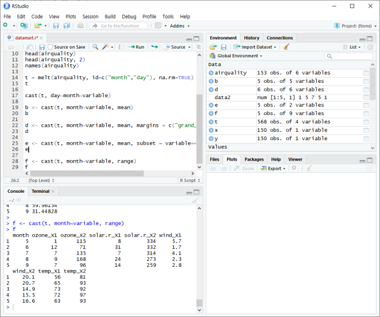 [R] reshape2 패키지 활용 airquality 데이터셋 데이터 마트 실습 : 네이버 블로그