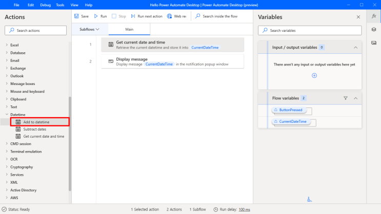 MS RPA 파워 오토메이트 데스크탑 Actions - 22.01 Datetime > Add to datetime (날짜 더하기 ...