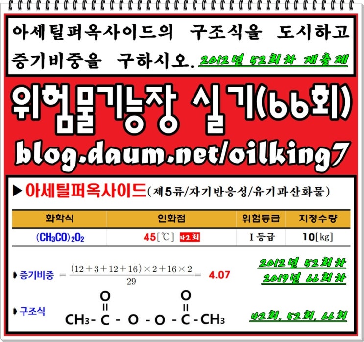 반복출제되는 기출문제42아세틸퍼옥사이드의 구조식을 도시하고 증기비중 구하기3회출제 네이버 블로그