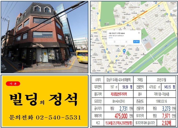 강남구 양채천 코너 40억 꼬마빌딩 실거래가 조회 도곡동 424 8 매봉역 475억 원 평당 7971만 원