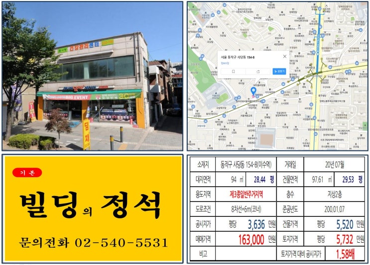 동작구 8차선 대로변 10억 꼬마빌딩 실거래가 조회 사당동 154 8 이수역 163억 원 평당 5732만 원