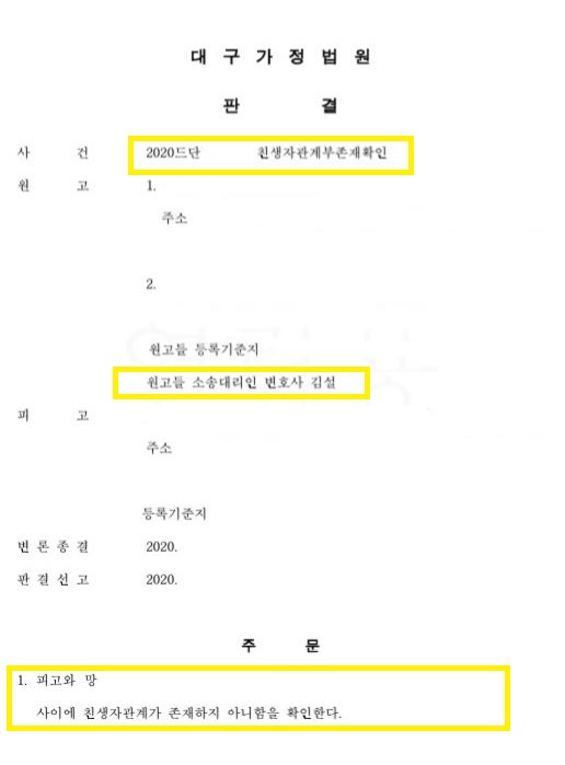 대구상속상담사촌형이 아버지 자식으로 등재되어 있다면 돌아가신 아버지 상속분쟁 관련 친생자관계부존재 확인소송 실제 소송사례