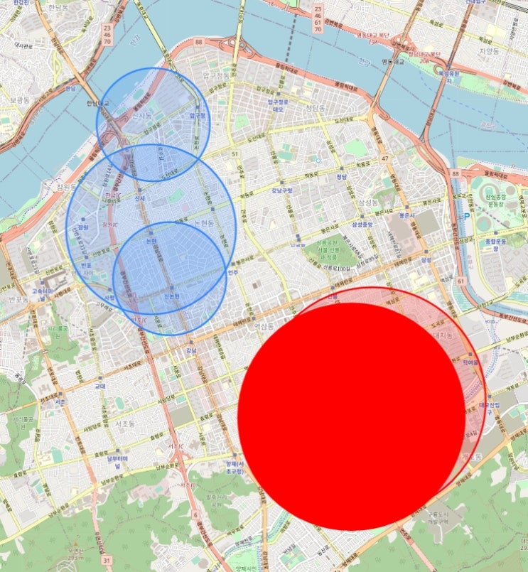 파이썬 지도 시각화 패키지-folium(3) 정보를 지도 위에 표시하기- 원(Circle, CircleMarker) : 네이버 블로그