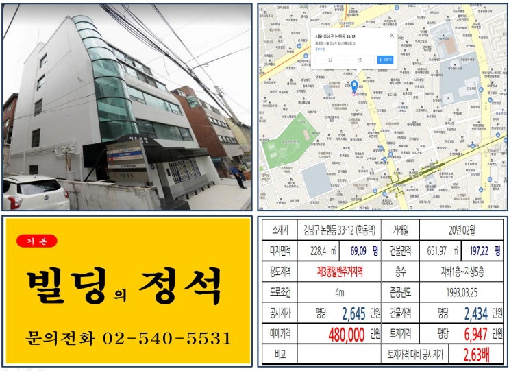 강남구 신사위례선 40억 올근생 꼬마빌딩 실거래가 조회 논현동 33 12 학동역 48억 원 평당 6947만 원