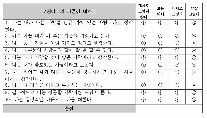 :) 로젠버그 자존감 척도(RSES,Rosenberg self-esteem scale) + 설문지 첨부 : 네이버 블로그