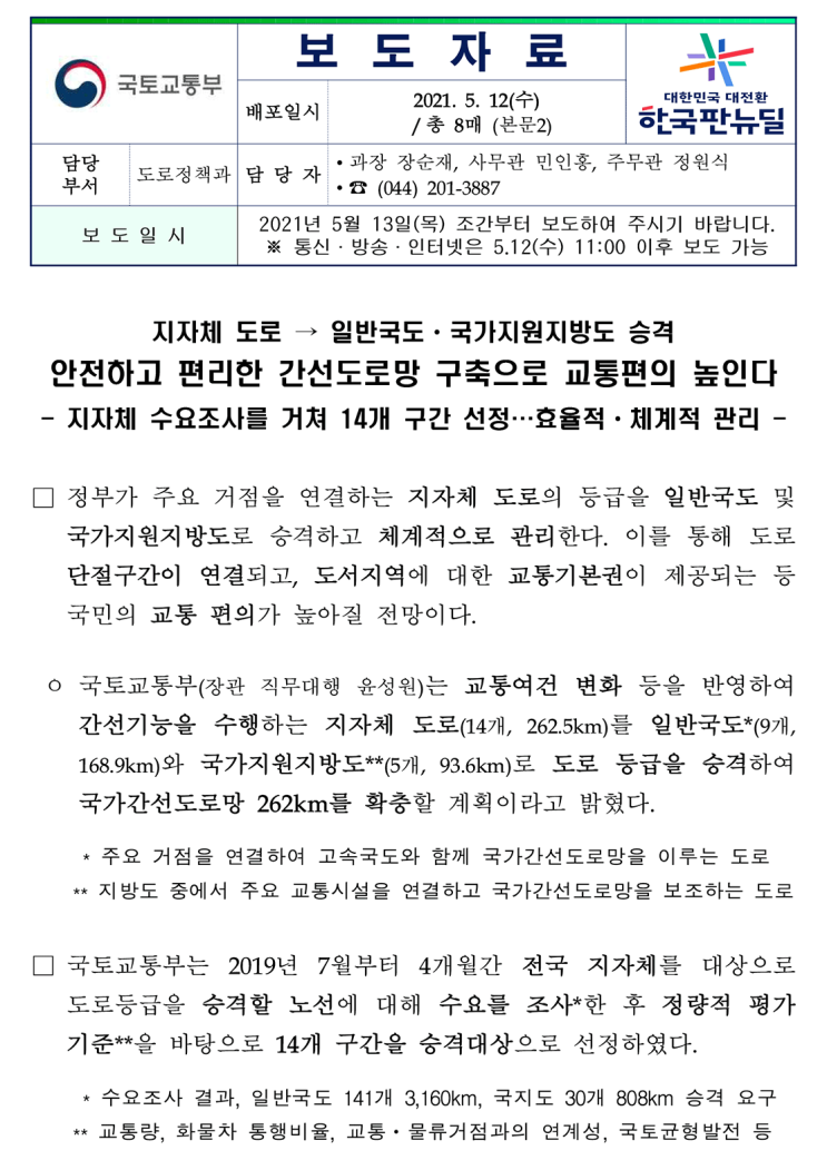 지자체 도로 → 일반국도ㆍ국가지원지방도 승격—안전하고 편리한 간선도로망 구축으로 교통편의 높인다┃ 2021 5 12┃ 국토