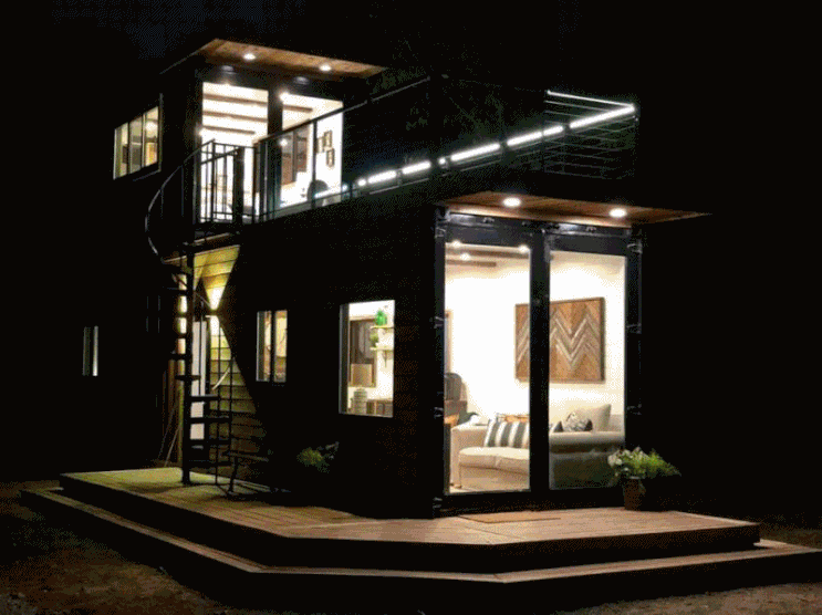 거제컨테이너 시공 2개의 침실과 Led 조명이 설치된 야외 테라스가 있는 2층 컨테이너하우스 소형주택 세컨드하우스