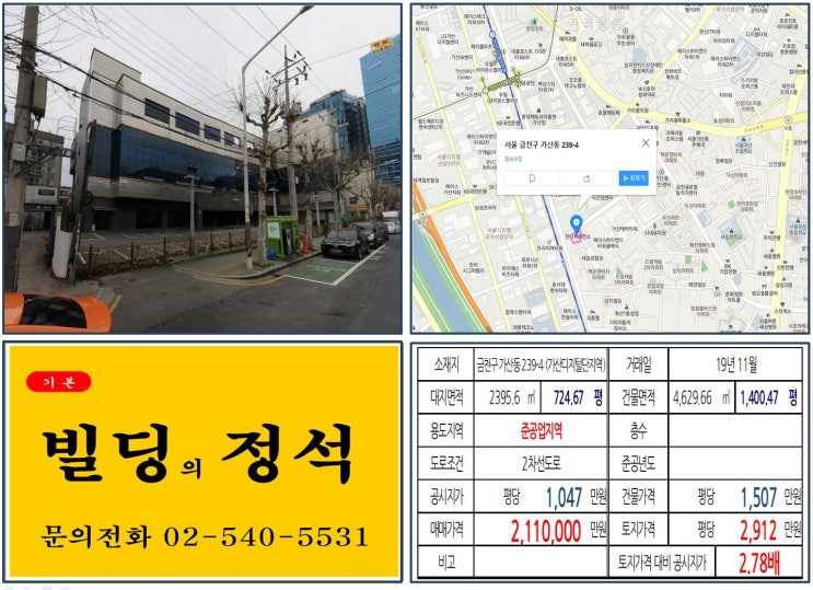 금천구 준공업지역 오피스텔 신축부지 200억 빌딩 실거래가 조회 가산동 239 4 가산디지털단지역 211억 원 평당