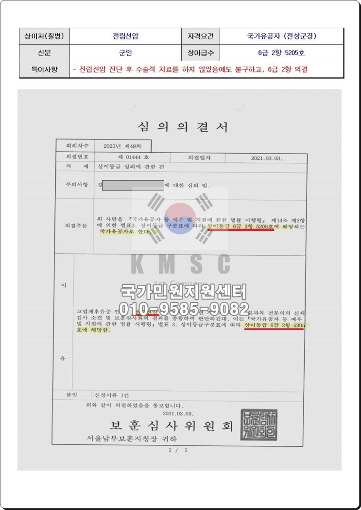 전립선암 국가유공자 전상군경 비수술 상이등급 6급 2항 의결 네이버 블로그