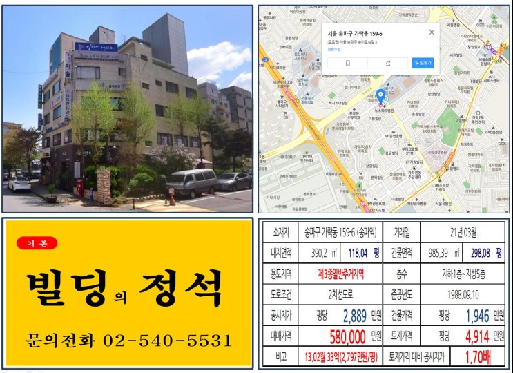 송파구 헬리오시티 50억 꼬마빌딩 실거래가 조회 가락동 159 6 송파역 58억 원 평당 4914만 원 매매되었습니다