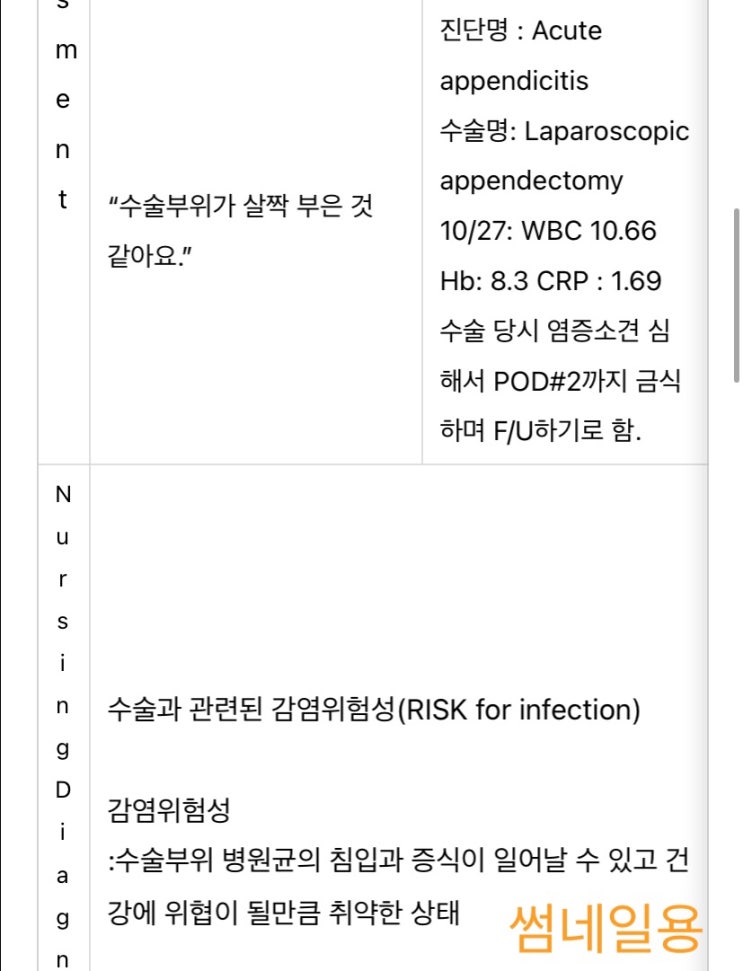 간호 Nanda 케이스연구 충수염 수술과 관련된 감염위험성 간호진단 간호과정 네이버 블로그