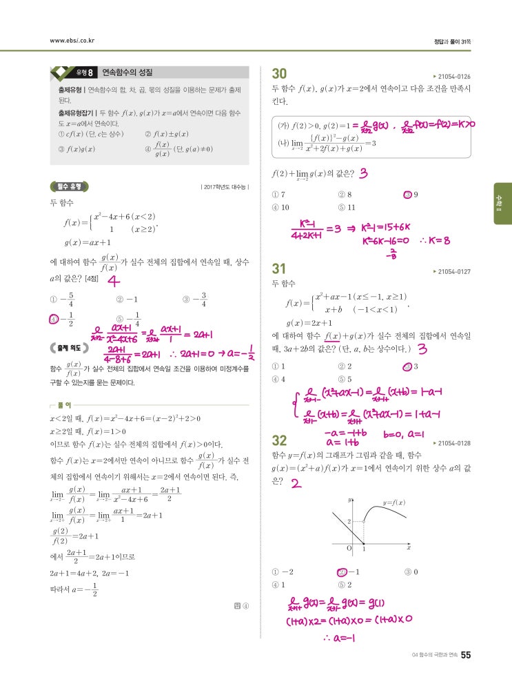 수능완성 확률과 통계 P55 P56 04 함수의 극한과 연속 유형8 문제 및 풀이 네이버 블로그