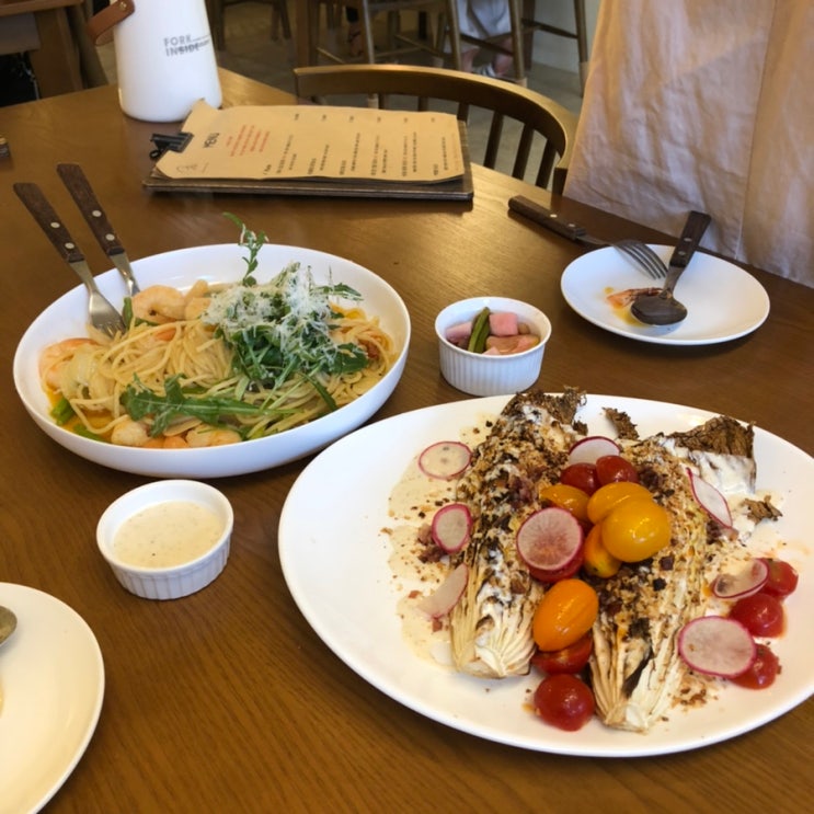 인천 구월동 맛집 길병원 파스타 스테이크 맛집 추천 오후의 레시피 감바스 오일 파스타 부채살 스테이크 알배추 샐러드