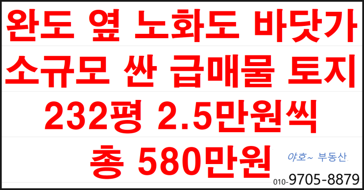 섬 노화도 바닷가 토지 232평 25000원씩 총 580만원 완도군 옆 섬 부동산 토지 투자 땅 매매 전남 완도군 노화읍 충도리