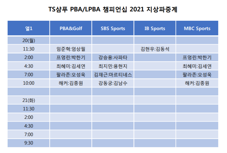 TS샴푸 PBA(16강전)/LPBA(4강전) 챔피언십 중계일정 : 네이버 블로그