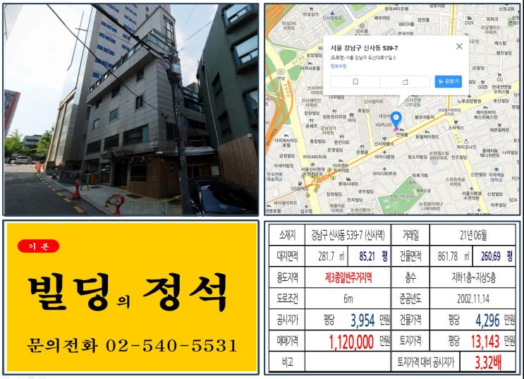 강남구 도산대로 100억 꼬마빌딩 실거래가 조회 신사동 539 7 신사역 112억 원 평당 1억 3143만 원