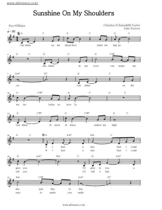 John Denver - Sunshine On My Shoulders (기타악보) : 네이버 블로그
