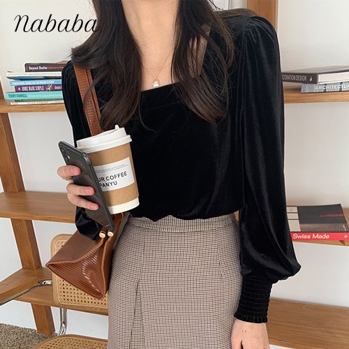 잘팔리는 나바바 NB375 여성 레트로 벨벳 스퀘어넥 블라우스 ··· : 네이버 블로그