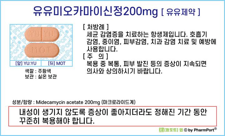 팜포트]-유유미오카마이신정200mg(초산미데카마이신, Midecamycin acetate) [유유제약] ( 약품정보 / 복약 ...