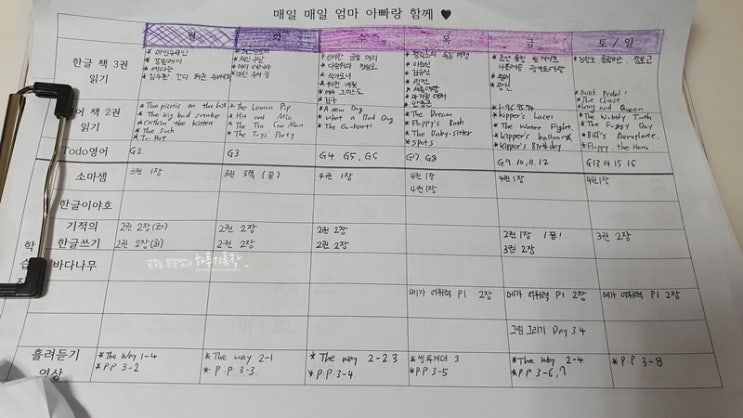 7세 엄마표 학습 교재 메가어휘력 P단계 1권 시작 기적의 한글쓰기 2권 끝 소마셈 3권 끝 토도영어 G단계로