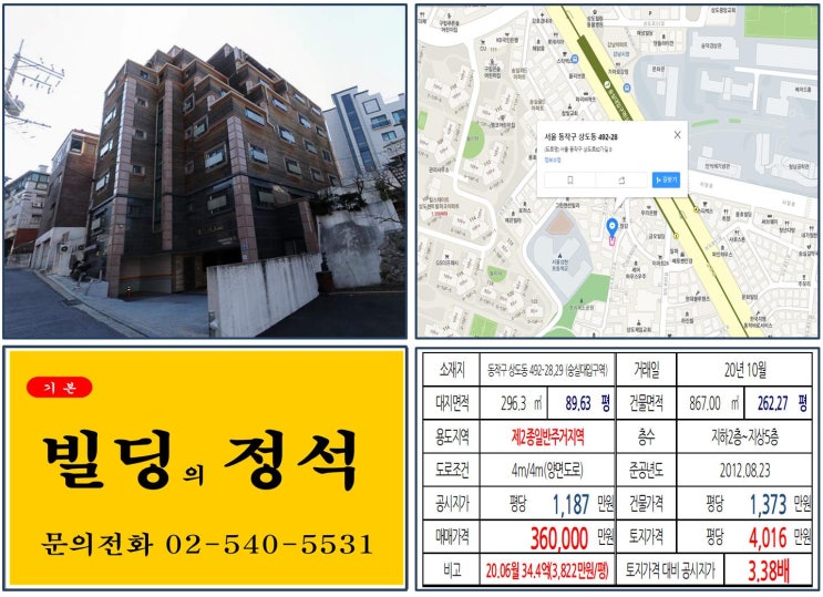 동작구 수익용 30억 꼬마빌딩 실거래가 조회 상도동 492 289 숭실대입구역 36억 원 평당 4016만 원