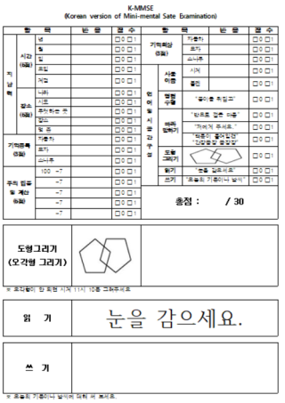 간이 정신상태 검사(K-MMSE : Korea version of Mini-Mental Sate Examination ...