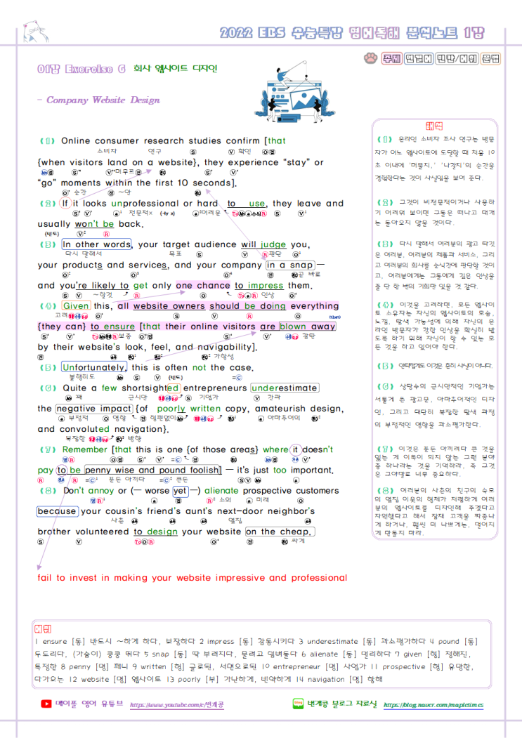 2022 Ebs 수능특강 영어독해 1강 본문 지문 분석 변형문제 워크북 3종 한줄해석 단어 정리 무료 자료 네이버 블로그