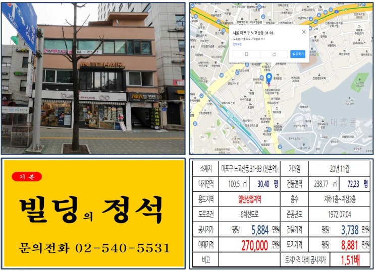 마포구 신촌로타리 상업지역 20억 꼬마빌딩 실거래가 조회 노고산동 31 93 신촌역 27억 원 평당 8881만 원