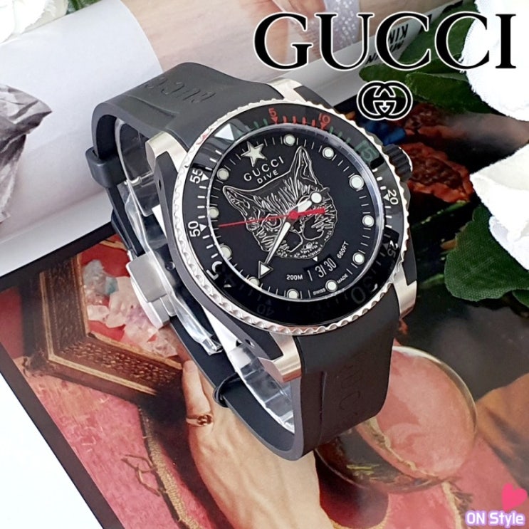 [GUCCI]구찌 G-Dive 크루즈컬렉션 미스틱캣 YA136320 펠린헤드 고양이모티브 블랙우레탄시계/ 대구엘가타임 ...