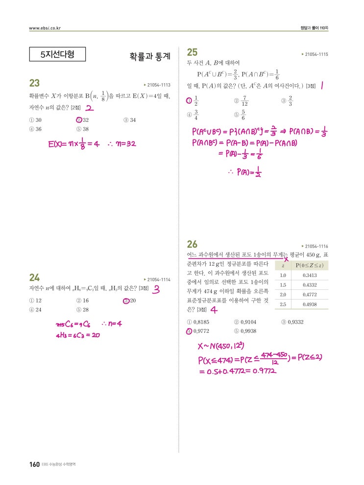 수능완성 확률과 통계 P160 P161 실전모의고사 4회 문제 및 풀이3 확률과 통계 23번~30번 네이버 블로그