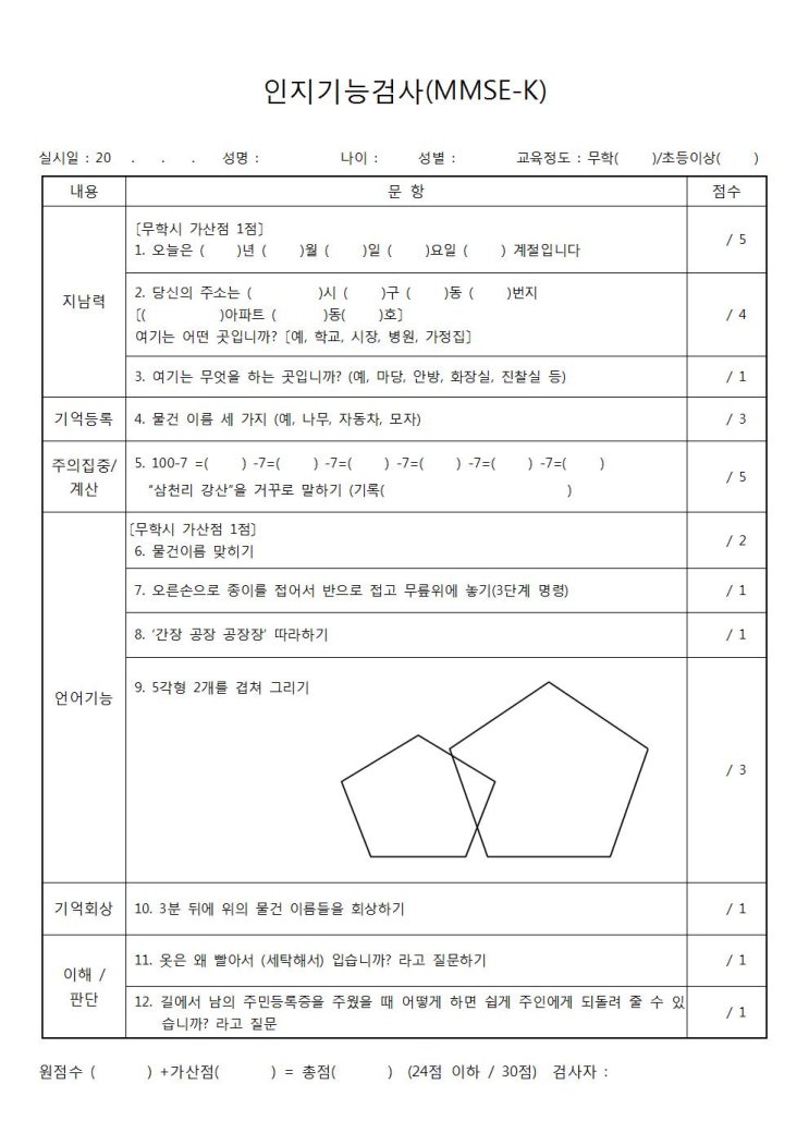 치매검사 MMSE-K : 네이버 블로그