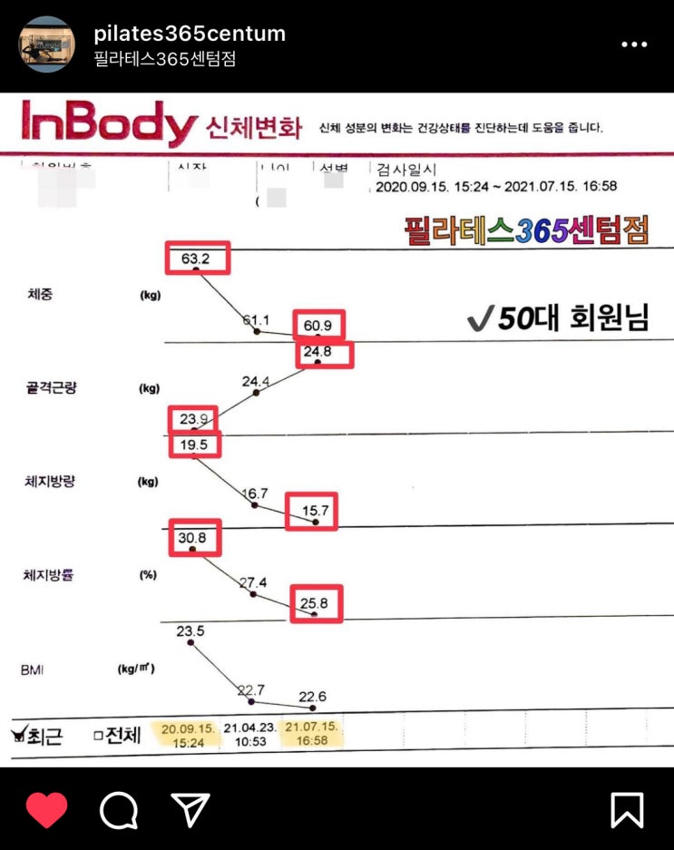 필라테스365센텀점 50대 회원님 인바디 신체 변화 결과 공유 네이버 블로그