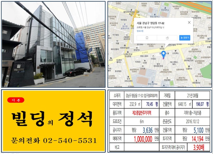 강남구 도산대로 100억 올근생 빌딩 실거래가 조회 청담동 17 32 압구정로데오역 100억 원 평당 1억 4194만