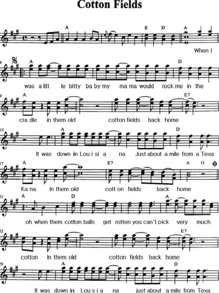 Cotton Fields-Lead Belly, Huddie William Ledbetter(통기타악보) : 네이버 블로그