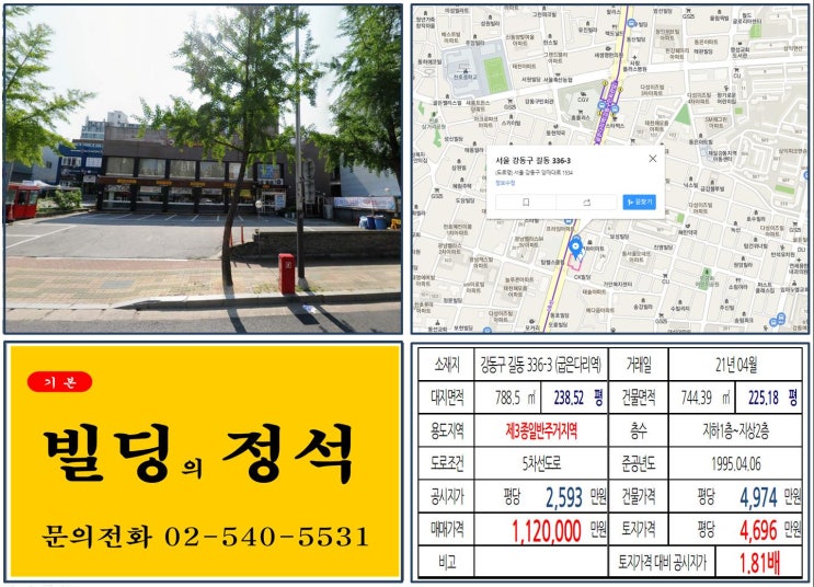 강동구 양재대로 100억 빌딩 실거래가 조회 길동 336 3 굽은다리역 112억 원 평당 4696만 원 매매되었습니다