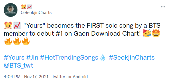 [방탄소년단 진] #Yours debuts at #1 on the Gaon Download Chart & #30 on the ...