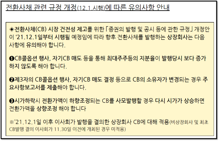 주식 상장사 Cb 발행 급증 전환사채 규제 전환가액 상향 조정 리픽싱 의무화 시행 시작 네이버 블로그
