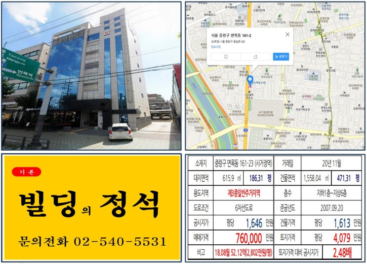 중랑구 동일로 대로변 70억 꼬마빌딩 실거래가 조회 면목동 161 23 사가정역 76억 원 평당 4079만 원