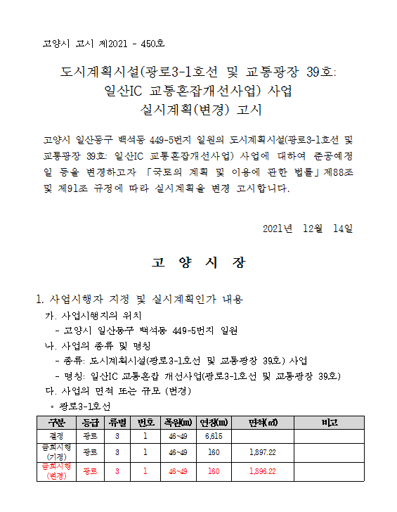 도시계획시설광로3 1호선 및 교통광장 39호 일산ic 교통혼잡개선사업 사업 실시계획변경 고시고양시 고시 제2021