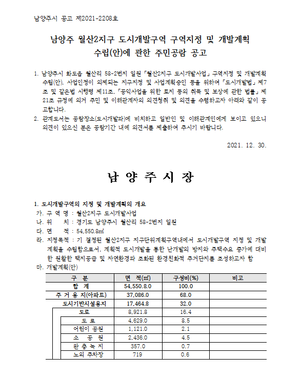 남양주 월산2지구 도시개발 구역지정 및 개발계획 수립안에 관한 주민공람 공고남양주시 공고 제2021 2208호 네이버 블로그