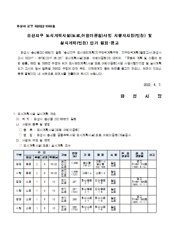 도시계획시설 도로어린이공원 사업 시행자지정변경 및 실시계획변경 인가 열람？공고 송산지구 화성시 공고 제2022