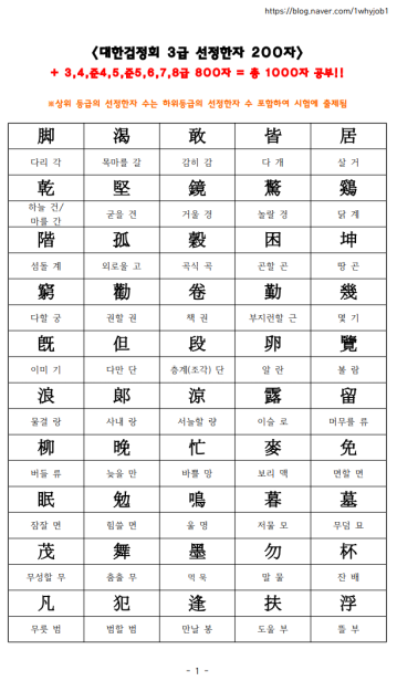 한자10 대한검정회 한자급수자격시험 3급 한자표 다운 네이버 블로그