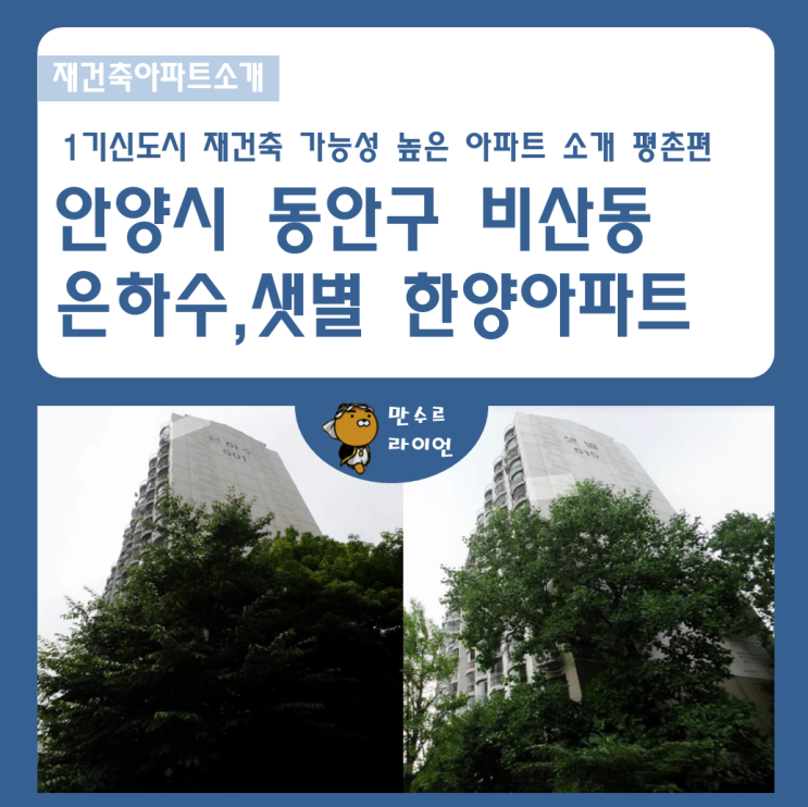 1기신도시 재건축 가능성 높은 아파트 소개 평촌편 안양시 동안구 비산동 은하수샛별 한양아파트연식30년차용적률167