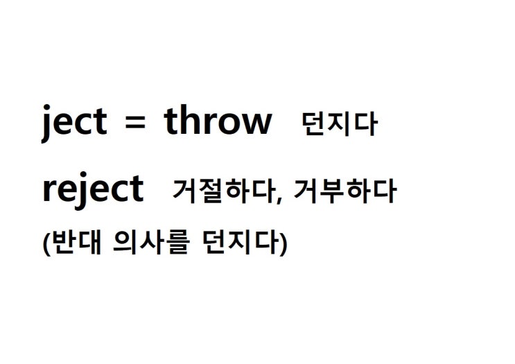 어근 ject = throw 던지다 (reject 반대 의사를 던지다 = 거절하다, 거부하다) : 네이버 블로그
