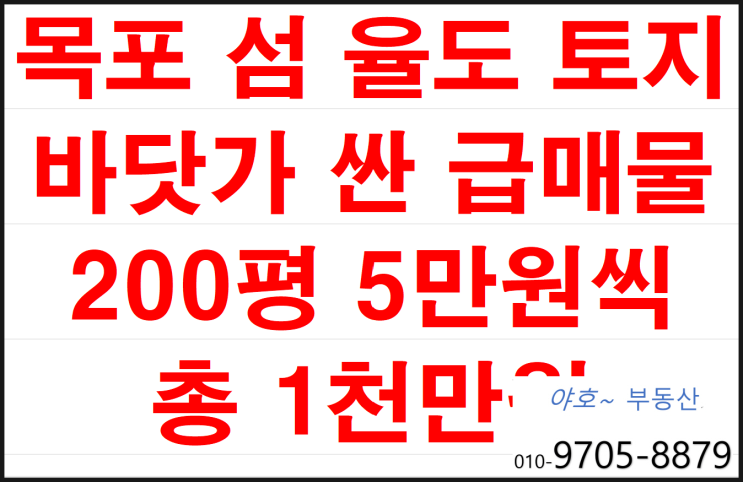 목포 옆 섬 율도 작고 싼 저렴한 바닷가 토지 200평 5만원씩 총 1천만원 부동산 토지 투자 땅 매매 전남 목포시 율도동
