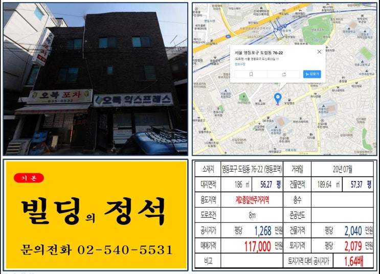 영등포구 신풍시장 10억 꼬마빌딩 신축부지 실거래가 조회 도림동 76 22 영등포역 117억 원 평당 2079만 원